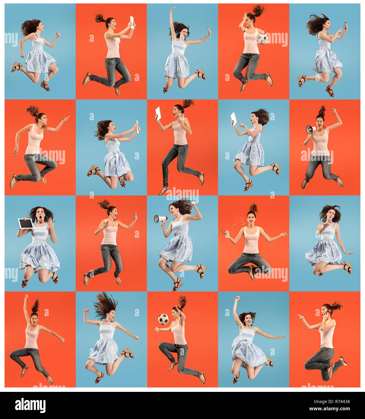 Freedom in moving. pretty happy young woman jumping and gesturing ...