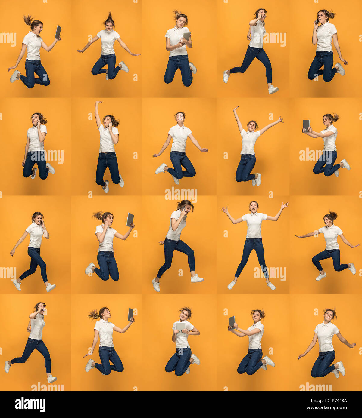 Freedom in moving. pretty happy young woman jumping and gesturing ...