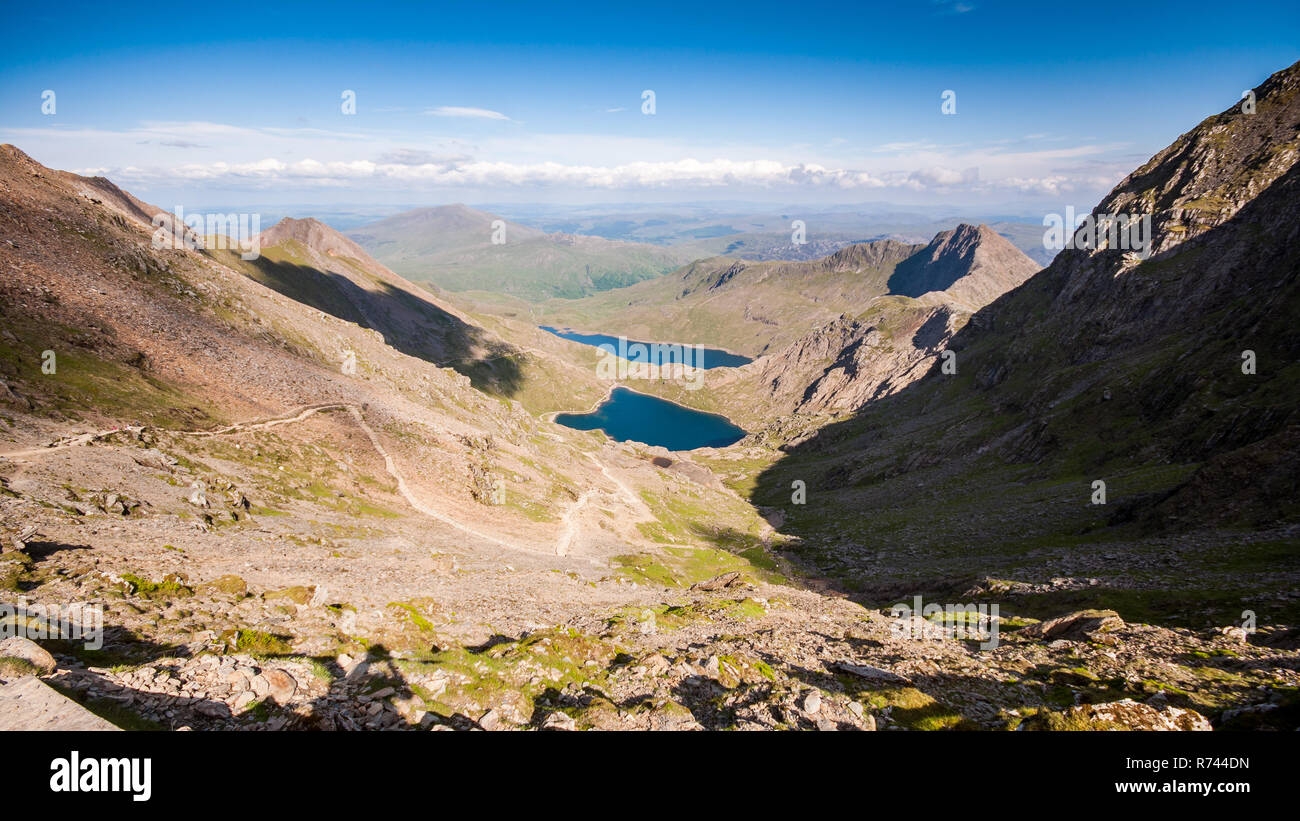 The view from Snowdon mountain over Glaslyn lake and valley, and the ...