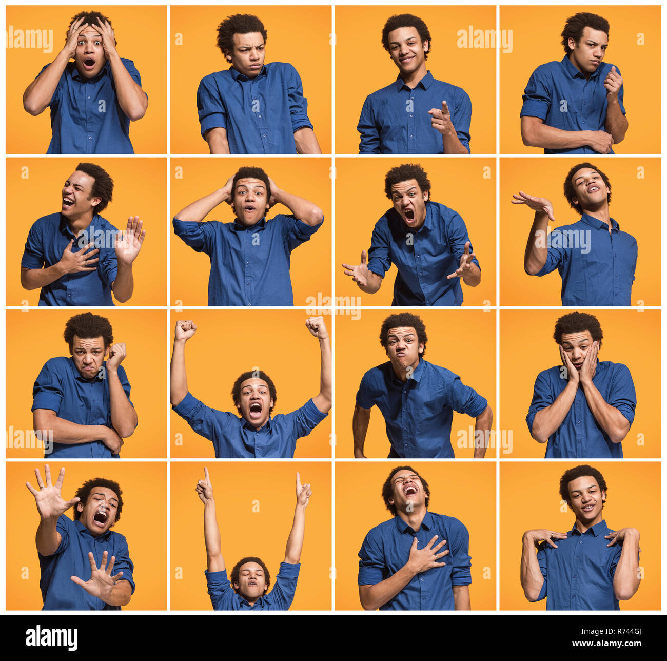 The collage of different human facial expressions, emotions and ...