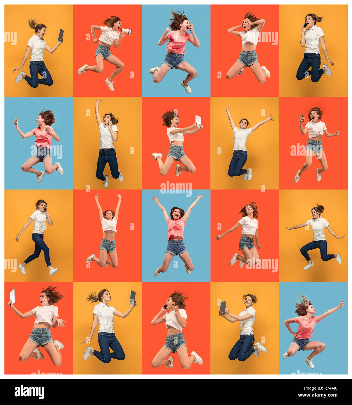 Freedom in moving. pretty happy young woman jumping and gesturing ...