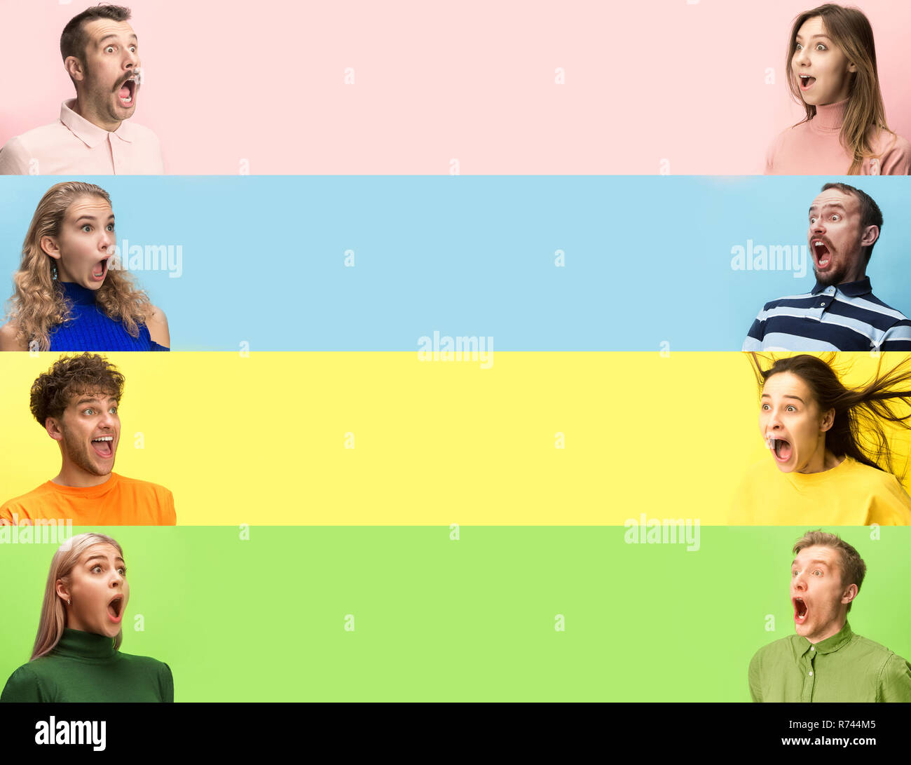 The surprised and astonished young woman and man screaming with open ...