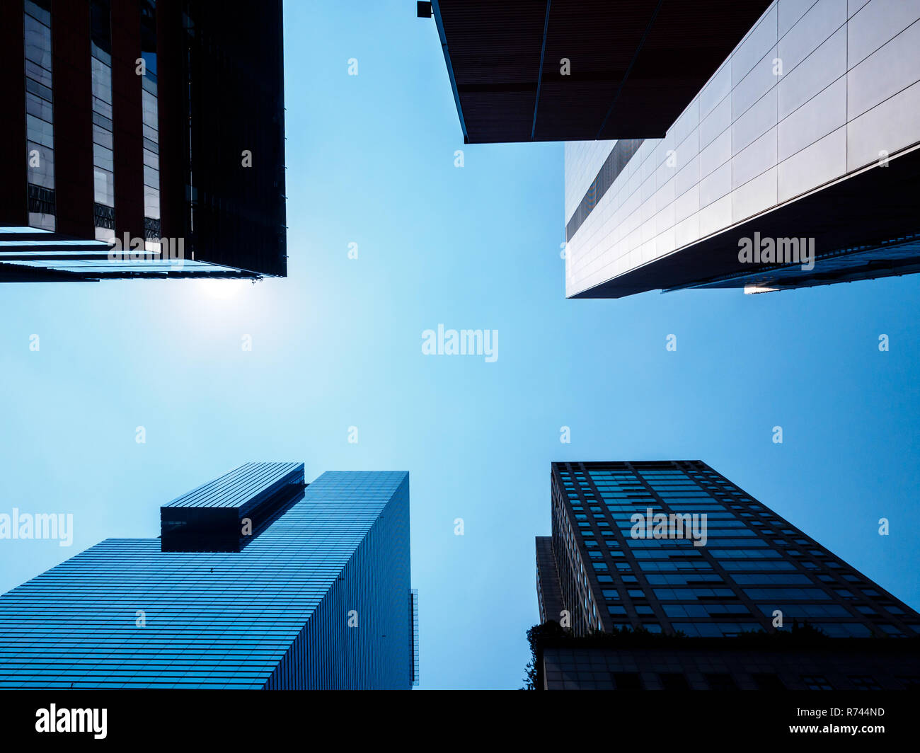 Low angle view of modern skyscrapers in Seoul, South Korea. Perspective ...