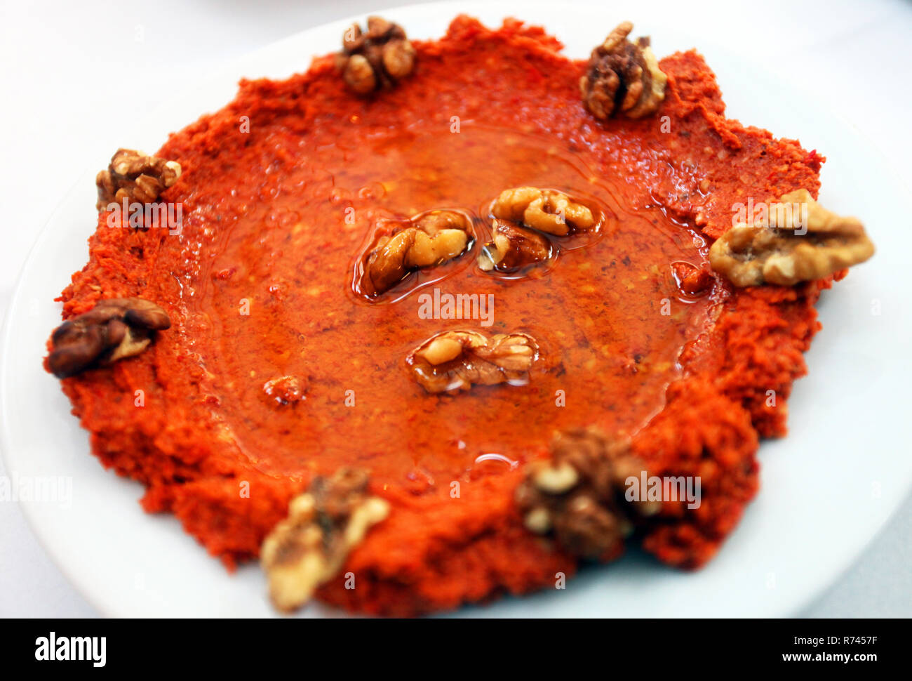 Traditional Antakya appetizer food 'Muhammara' on the dinner plate in ...