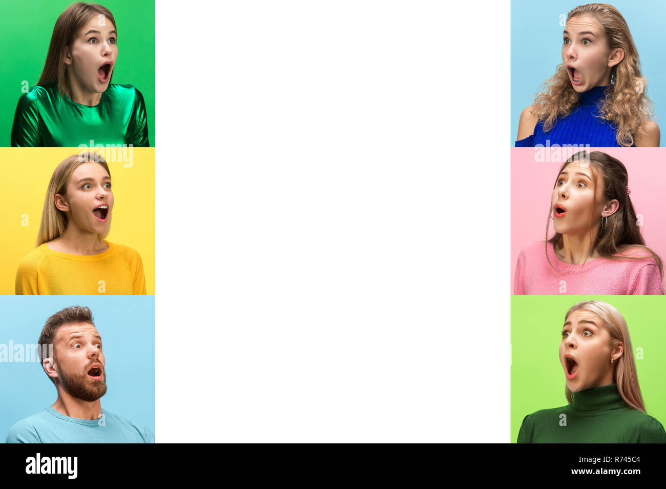 The surprised and astonished young woman and man screaming with open ...