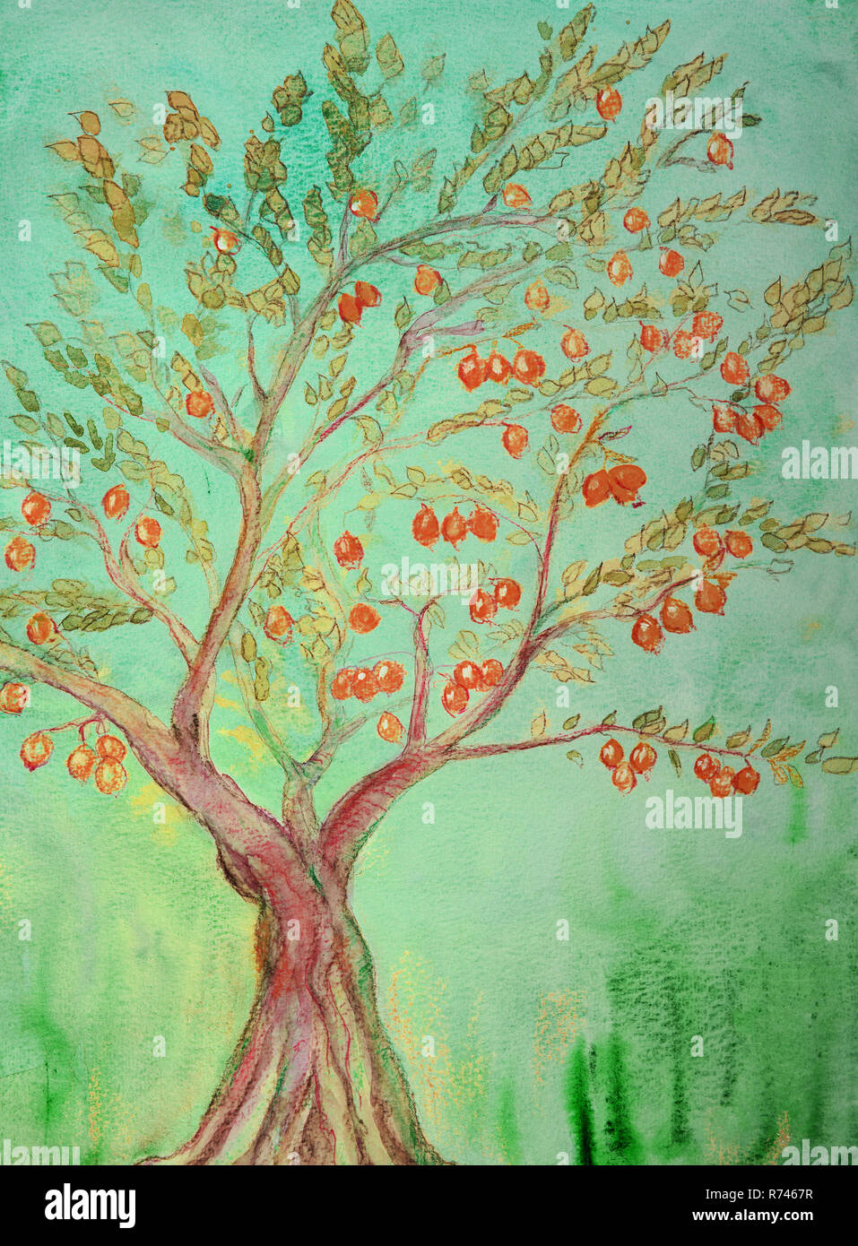 Orange tree in the summer. The dabbing technique near the edges gives a ...