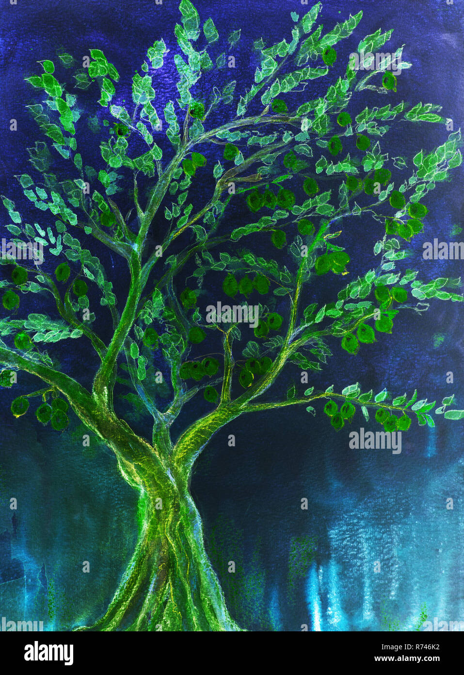 Green fruit tree with blue background. The dabbing technique near the ...