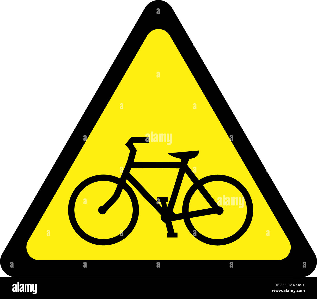 Yellow warning sign with bicycle symbol Stock Photo - Alamy