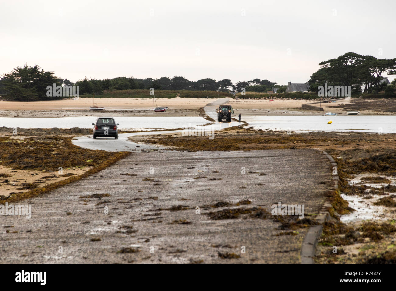 Carantec, France. The submersible passage to Ile Callot, a tidal island ...