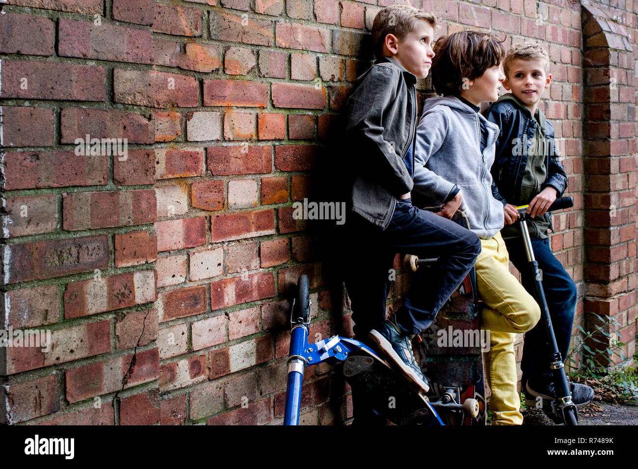 Boys leaning against brickwall Stock Photo - Alamy