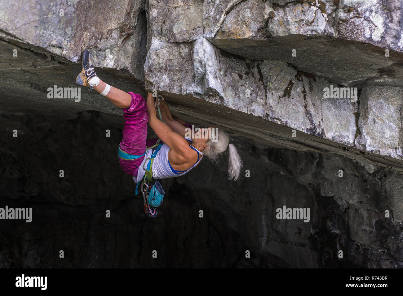 Trad climbing roof of My Little Pony route in Squamish, Canada Stock ...