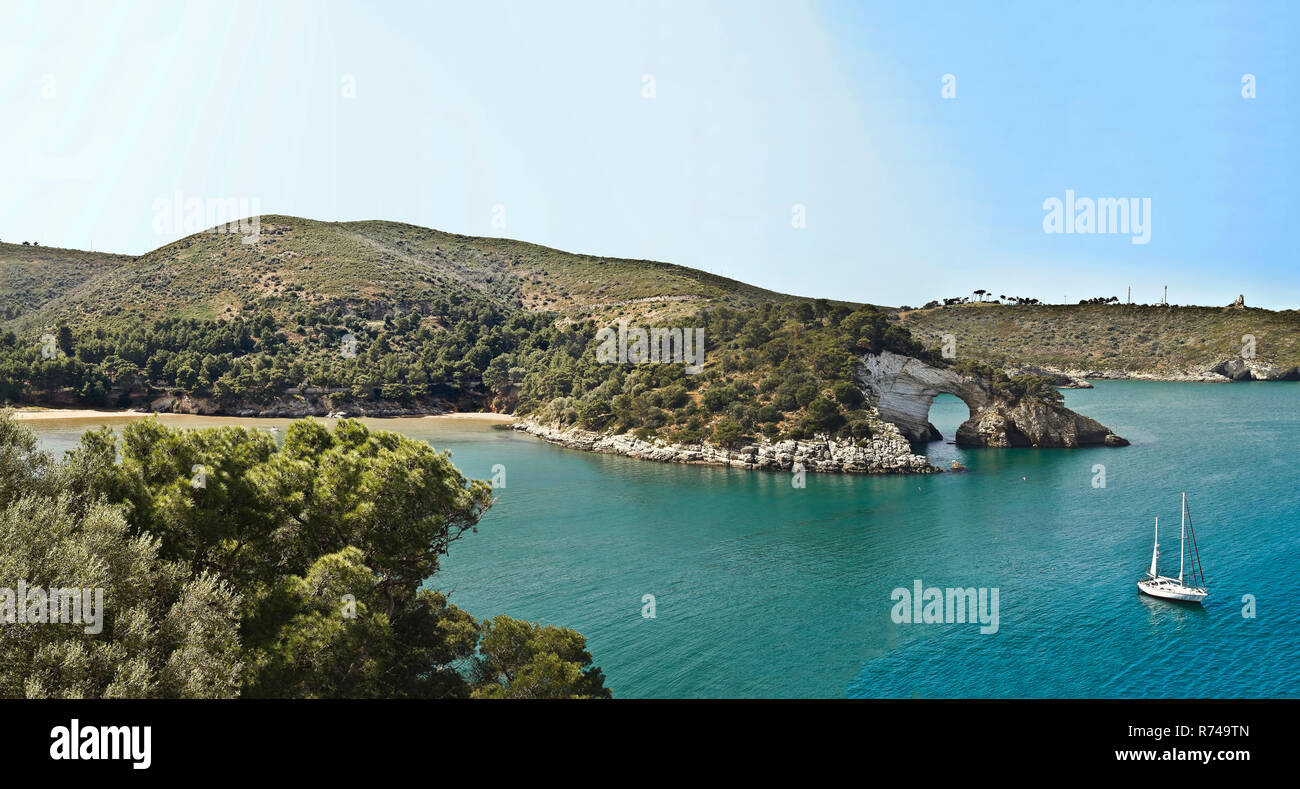 beautiful panorama vieste beach, with arch san felice rock italy ...