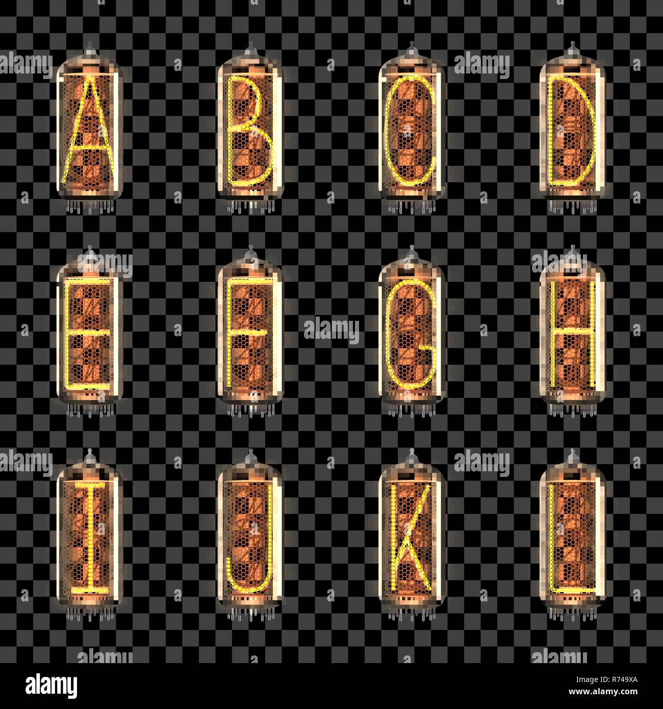 Retro-styled Alphabet set on pixie tube indicator lamps with letters A ...