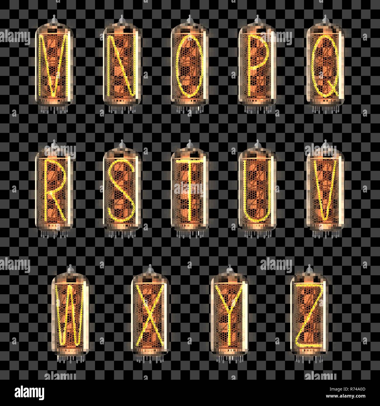 Retro-styled Alphabet set on pixie tube indicator lamps with letters M ...