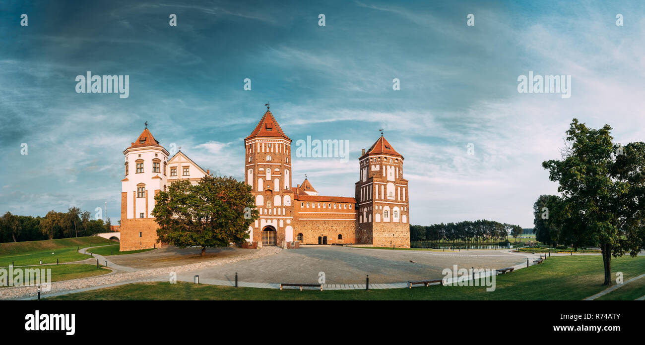 Mir, Belarus. Mir Castle Complex On Blue Sunny Sunset Sky Background ...