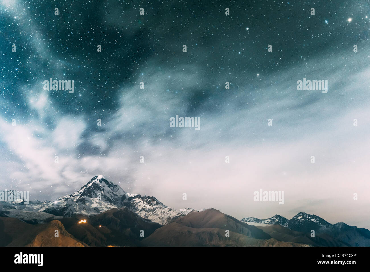 Stepantsminda, Georgia. Natural Real Night Starry Sky With Glowing ...