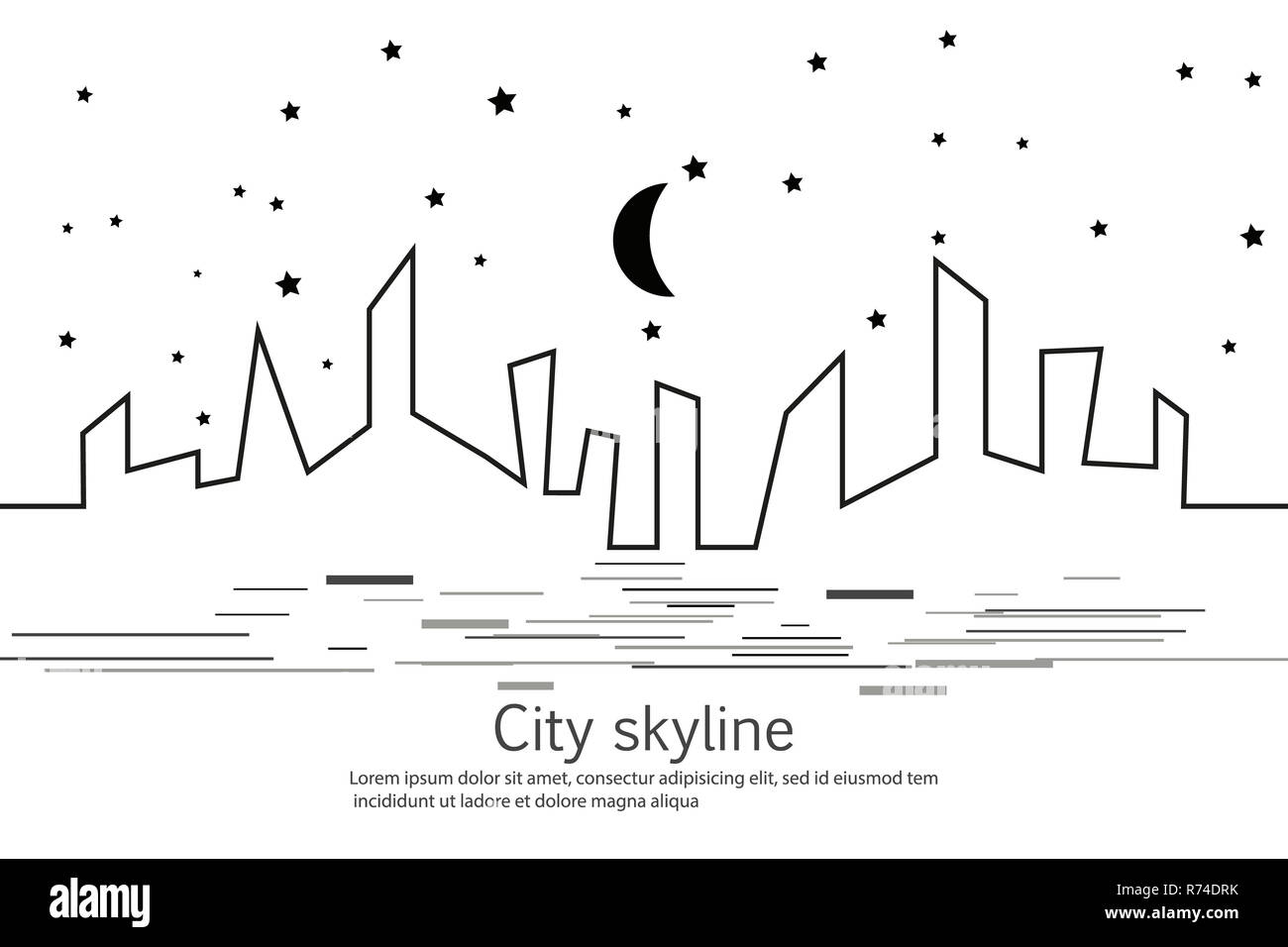 Silhouette of the city and star and moon in a flat style. Modern urban ...