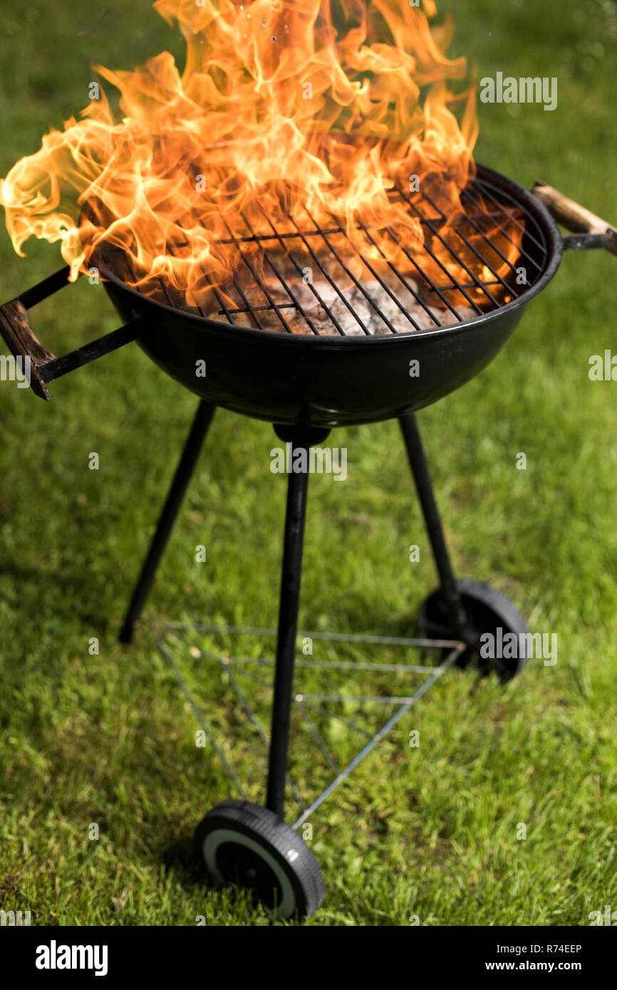 Barbecue grill with fire on nature, outdoor, close up Stock Photo - Alamy