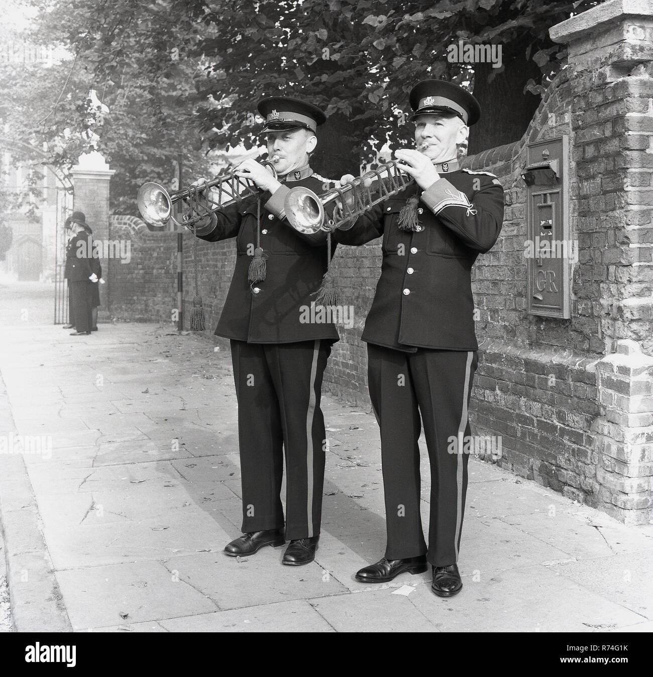 1967, historical, two male trumpeters, possibly from the Salvation Army ...