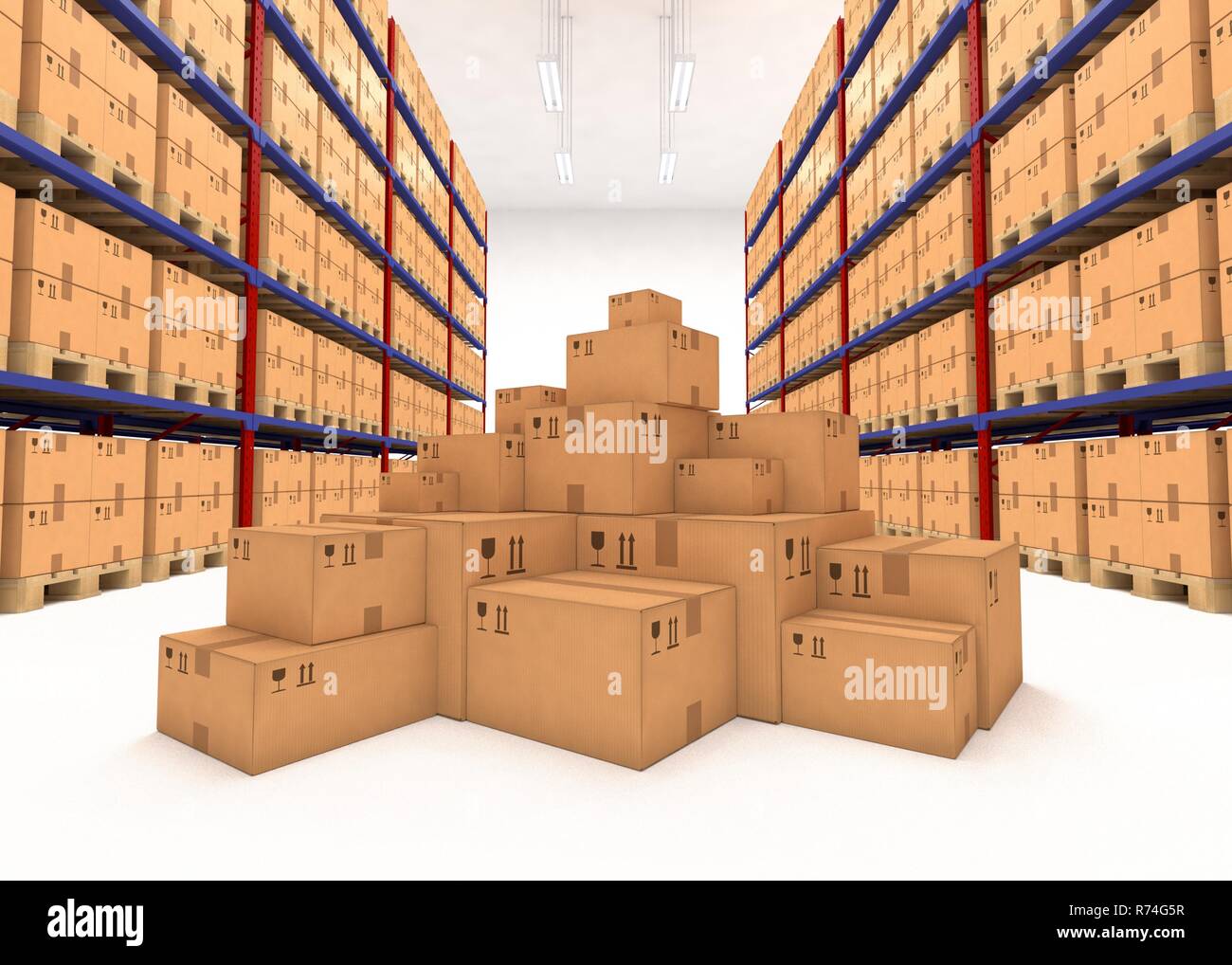 Warehouse shelves filled with large palettes and a pile of boxes on the ...