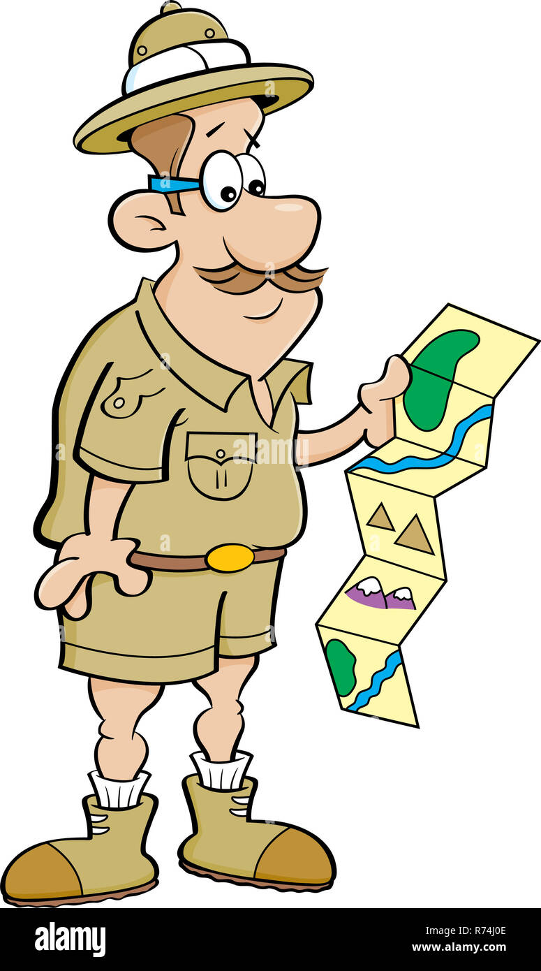 Cartoon illustration of an explorer looking at a ma Stock Photo - Alamy