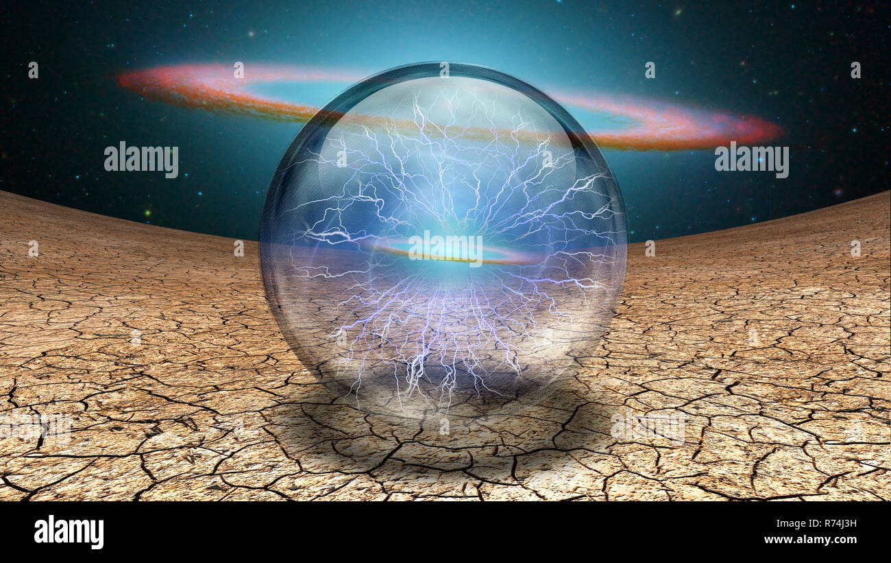 Surrealism. Splash of lightnings inside crystal ball. Galaxy disk on a ...