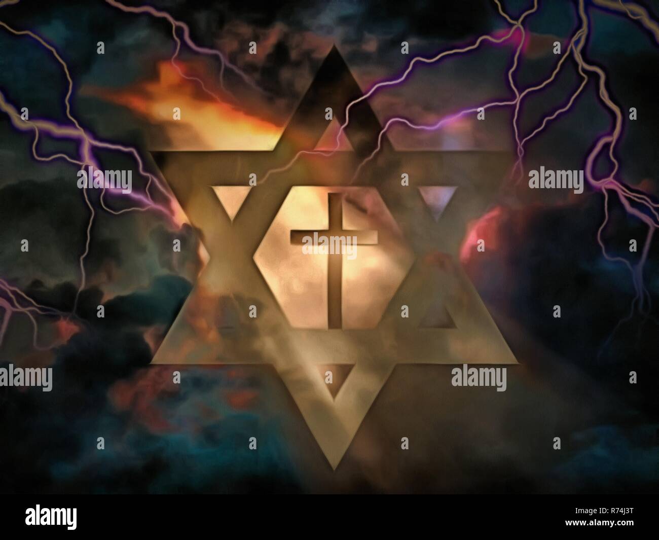 Surrealism. Christian cross inside David's star. Ray of light and ...