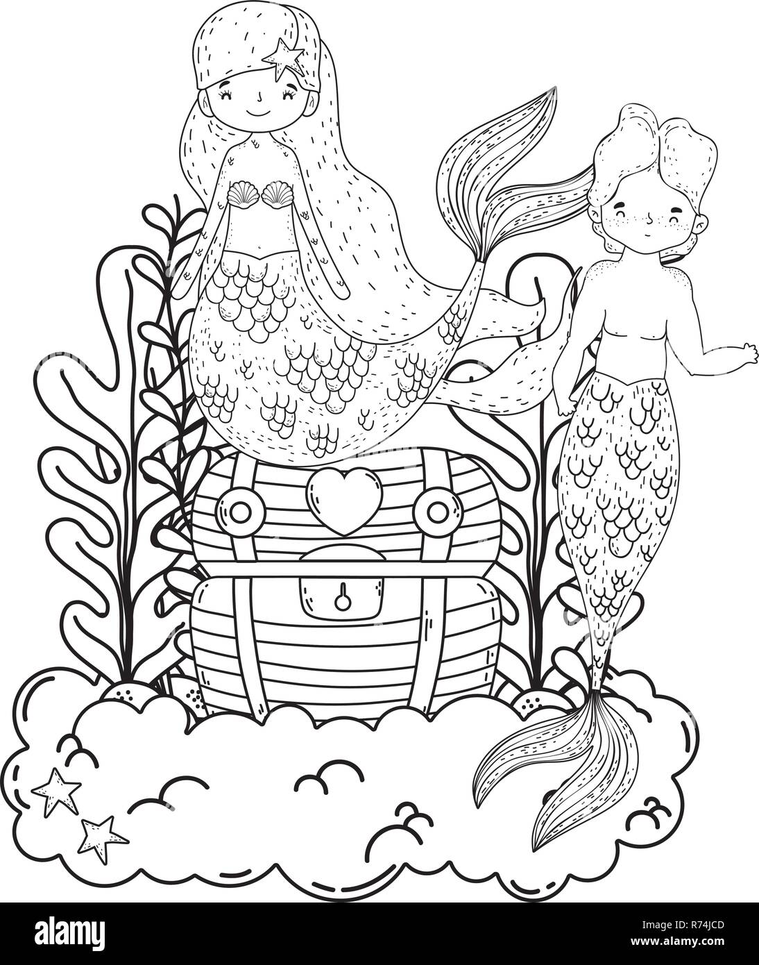 couple mermaids with treasure chest undersea Stock Vector Image & Art ...