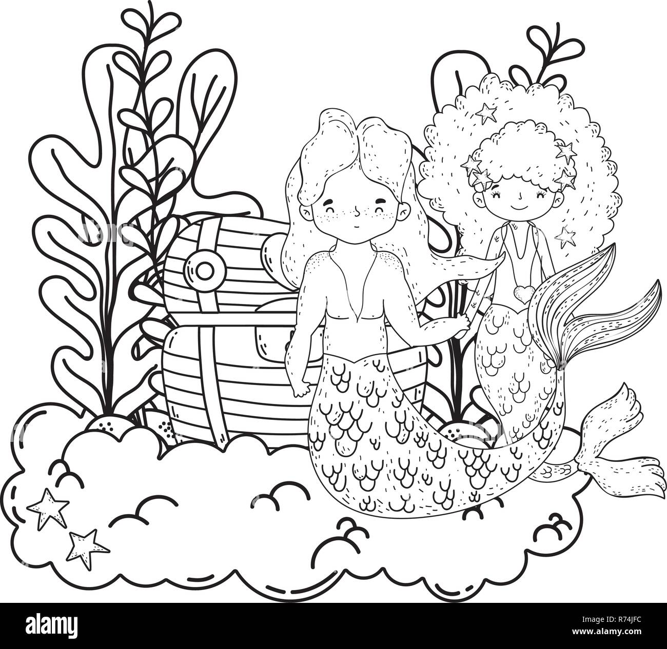 couple mermaids with treasure chest undersea Stock Vector Image & Art ...