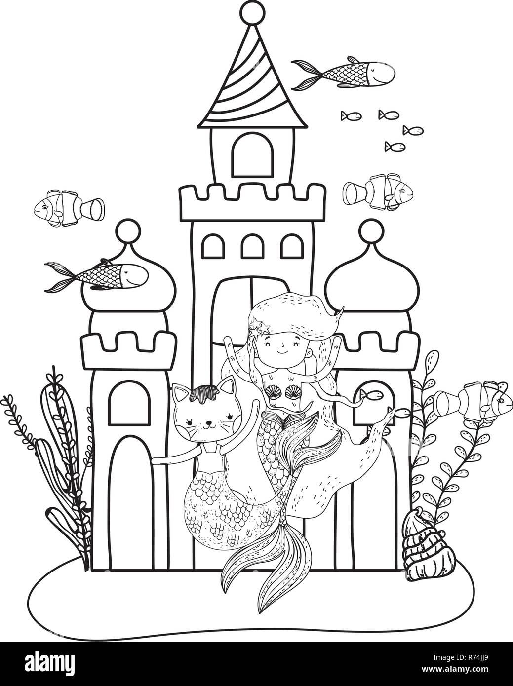 cute purrmaid and mermaid with castle Stock Vector Image & Art - Alamy