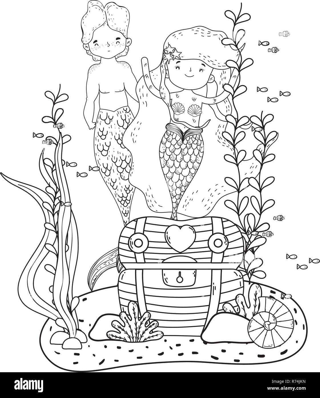 couple mermaids with treasure chest undersea Stock Vector Image & Art ...