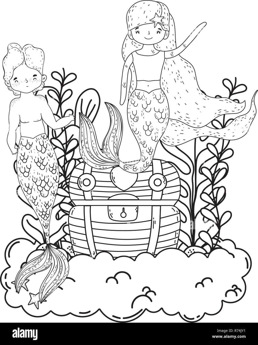 couple mermaids with treasure chest undersea Stock Vector Image & Art ...
