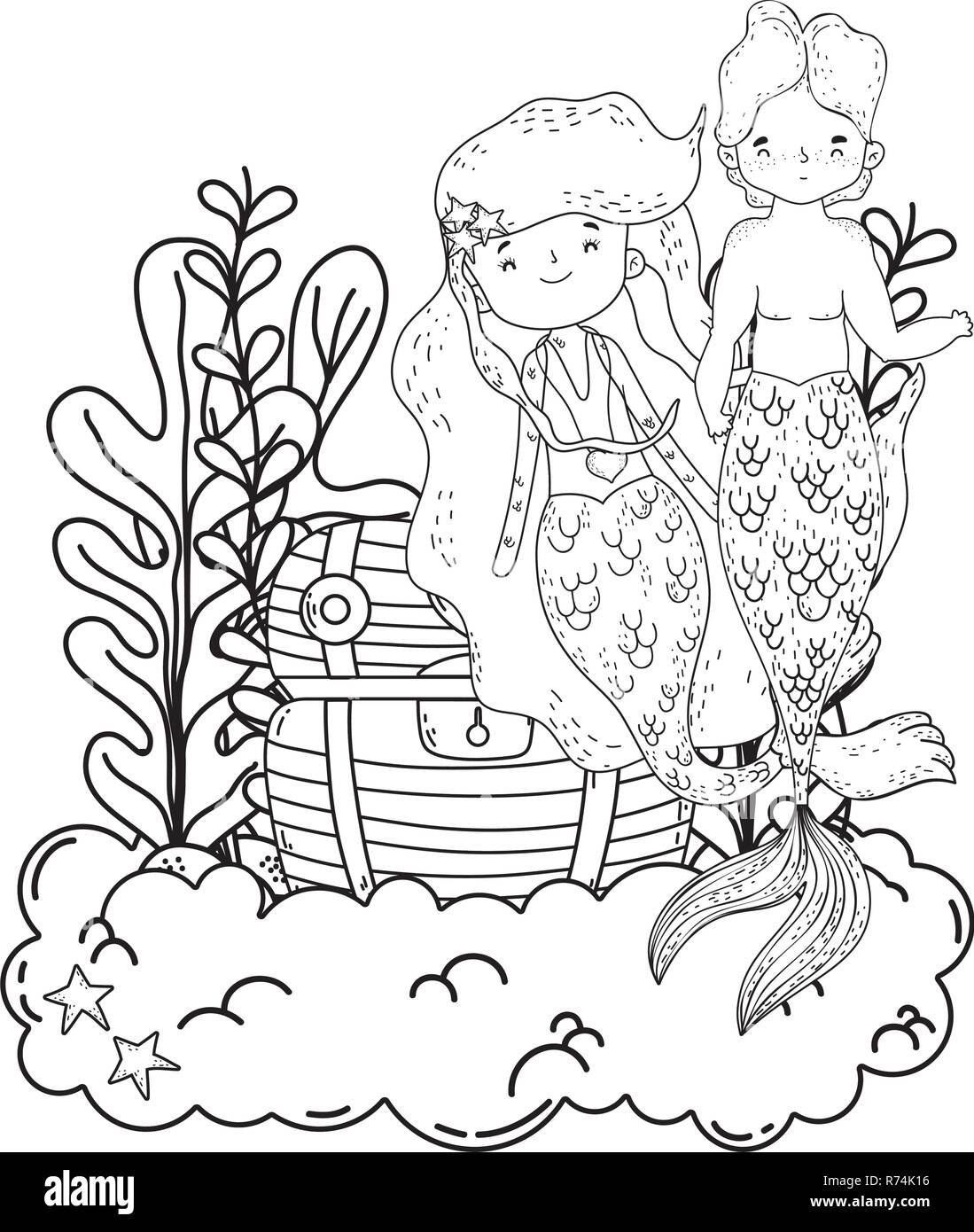 couple mermaids with treasure chest undersea Stock Vector Image & Art ...