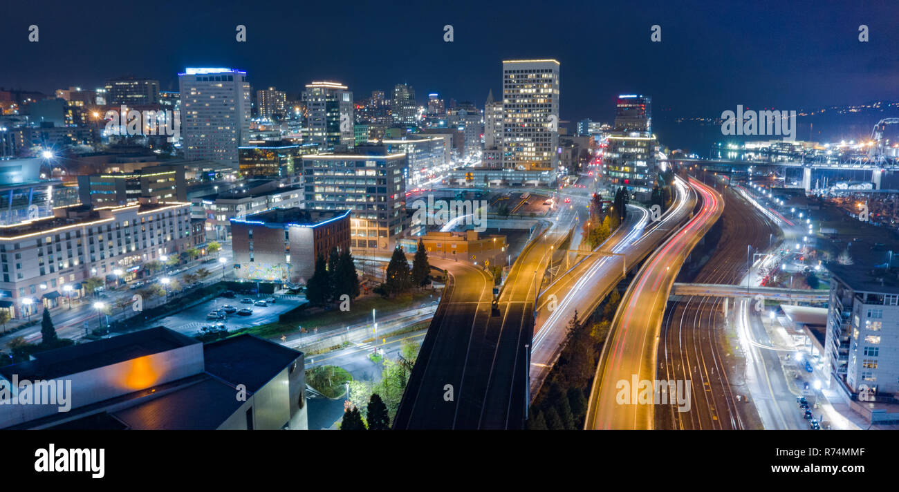 Tacoma Skyline At Night Tacoma, Washington, USA Skyline Stock