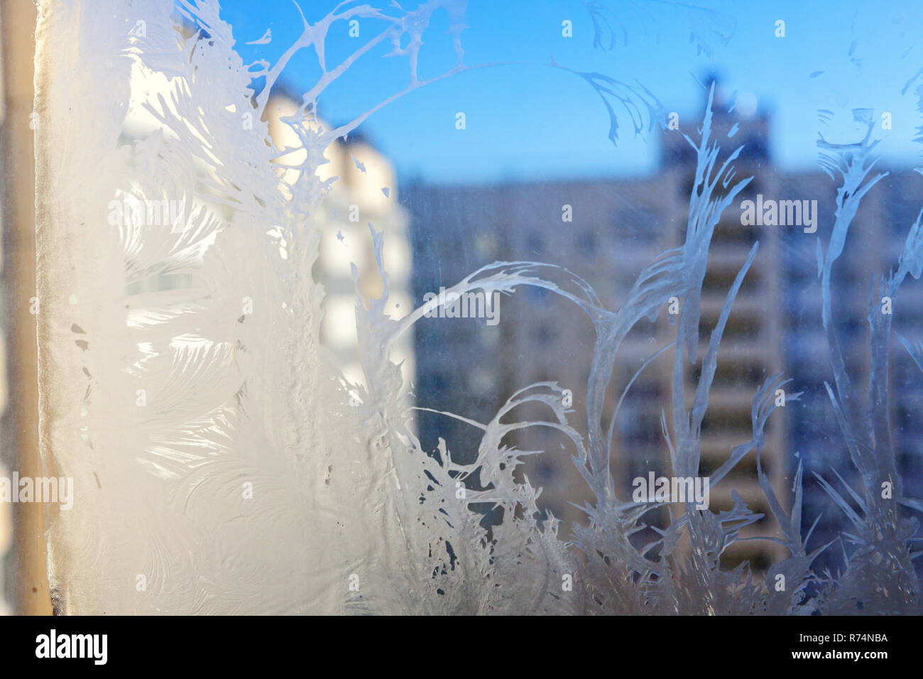 Frozen winter window with shiny ice frost pattern texture. Christmas ...
