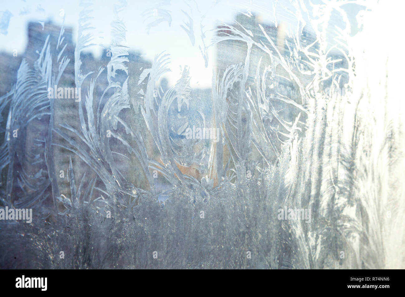 Frozen winter window with shiny ice frost pattern texture. Christmas ...