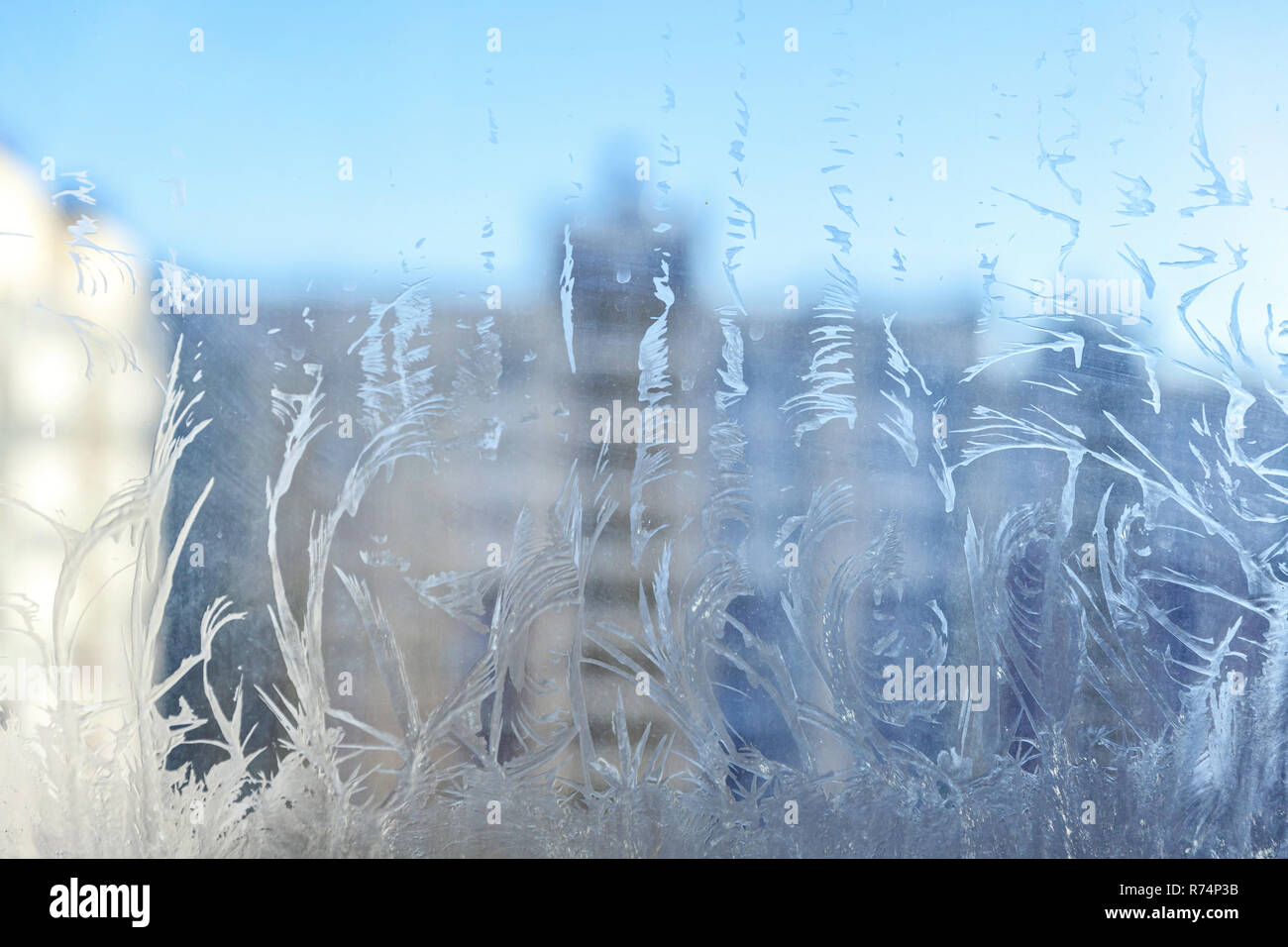 Frozen winter window with shiny ice frost pattern texture. Christmas ...