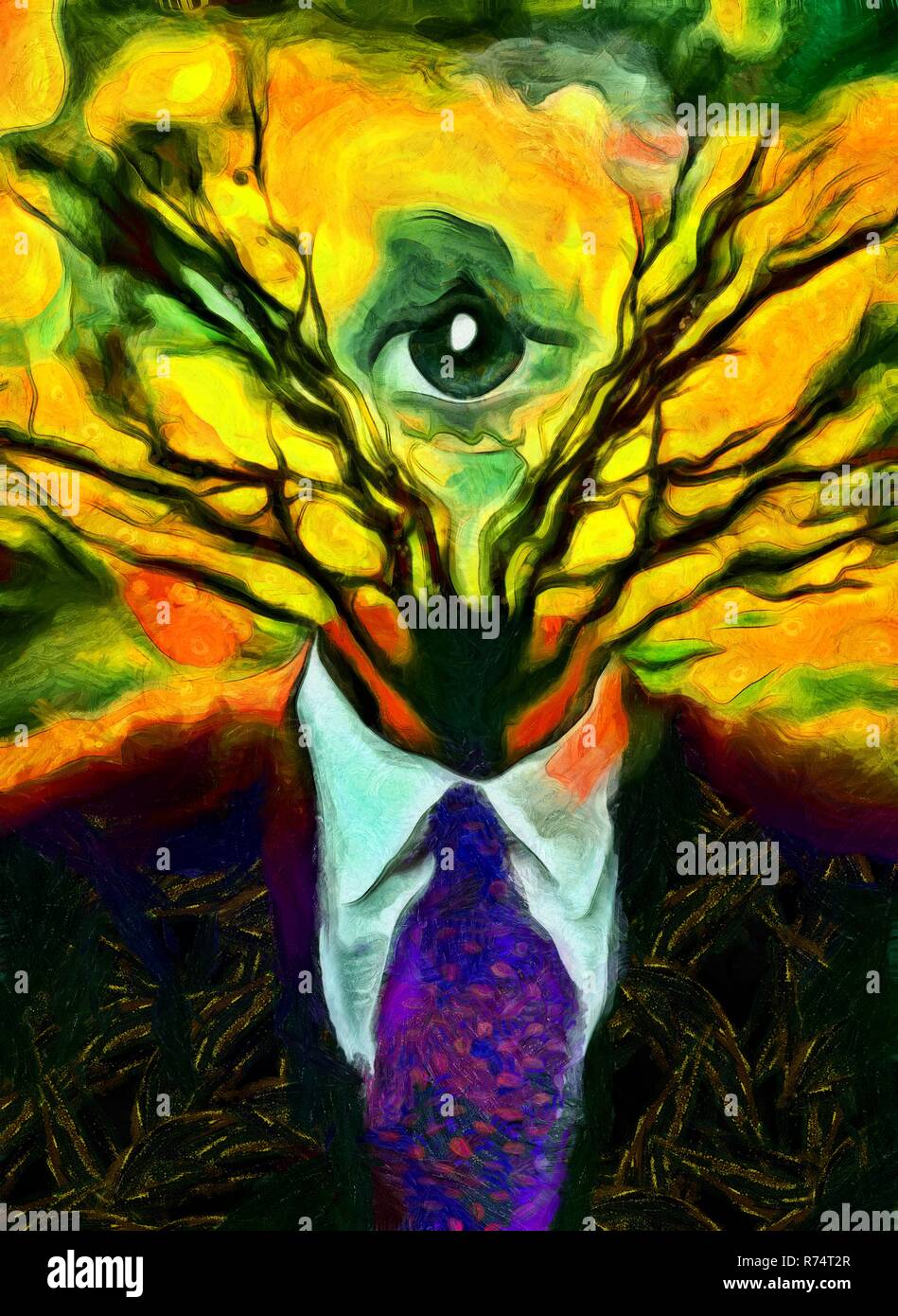 Surreal painting. Man's figure in a suit with tree branches and all ...