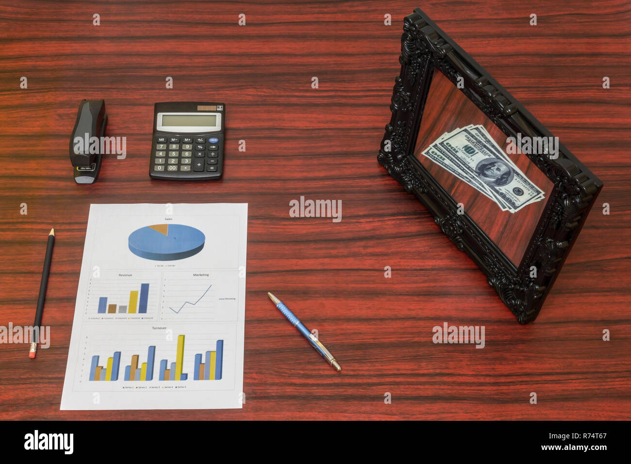 Reflection of money in the mirror. Both objects are surrounded by ...