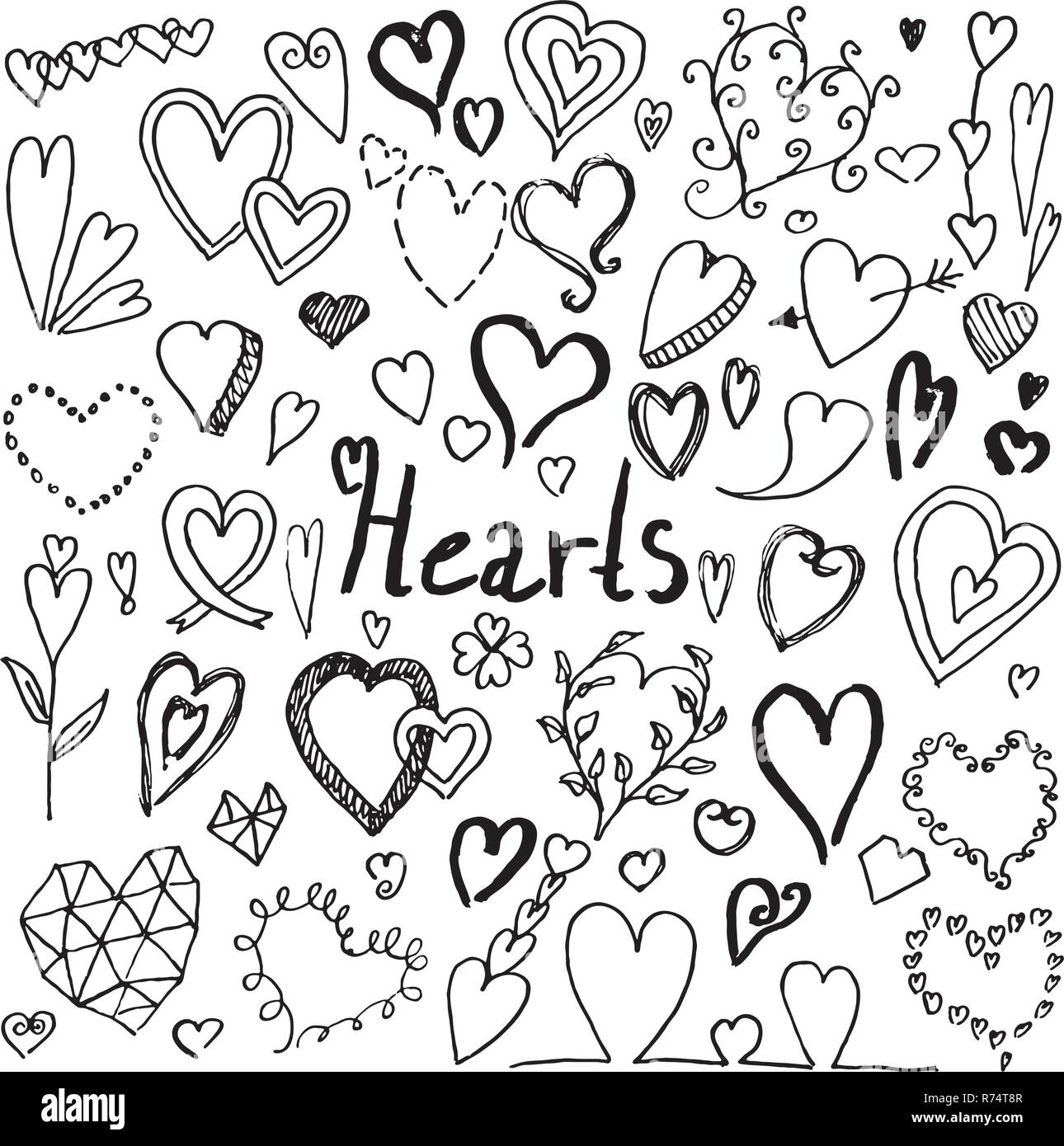 Set of hand drawn doodle hearts. Collection of design elements Stock ...