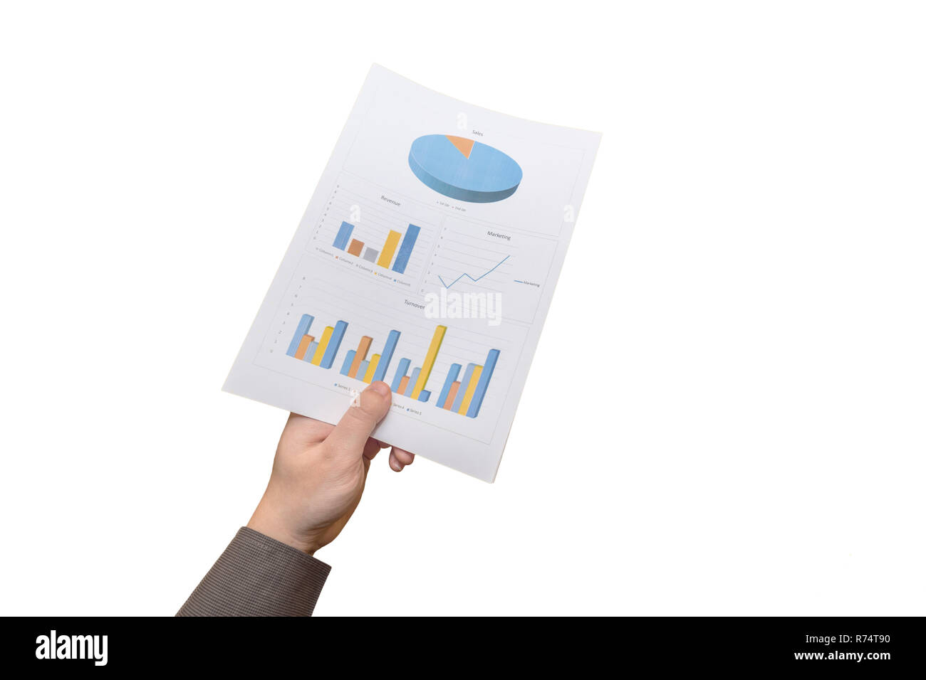 Human hand holding a sheet of paper with graphs on it isolated on white ...