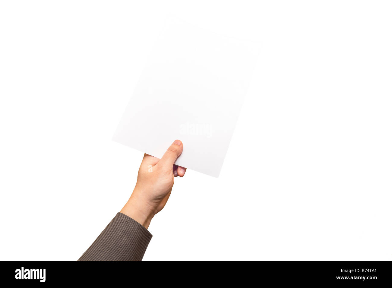 Human hand holding a sheet of paper isolated on white background Stock ...