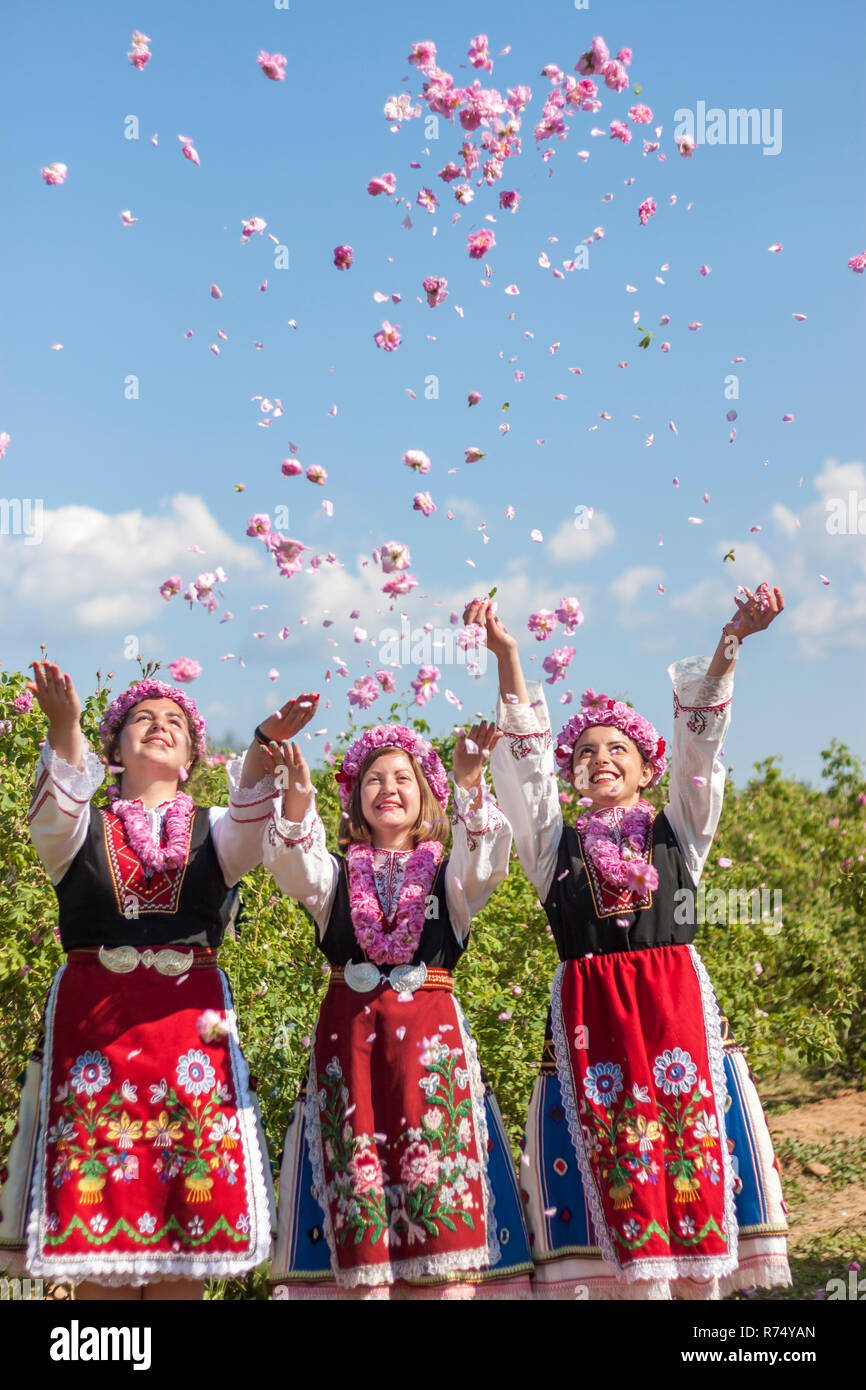 Women dressed in a Bulgarian traditional folklore costume picking roses ...