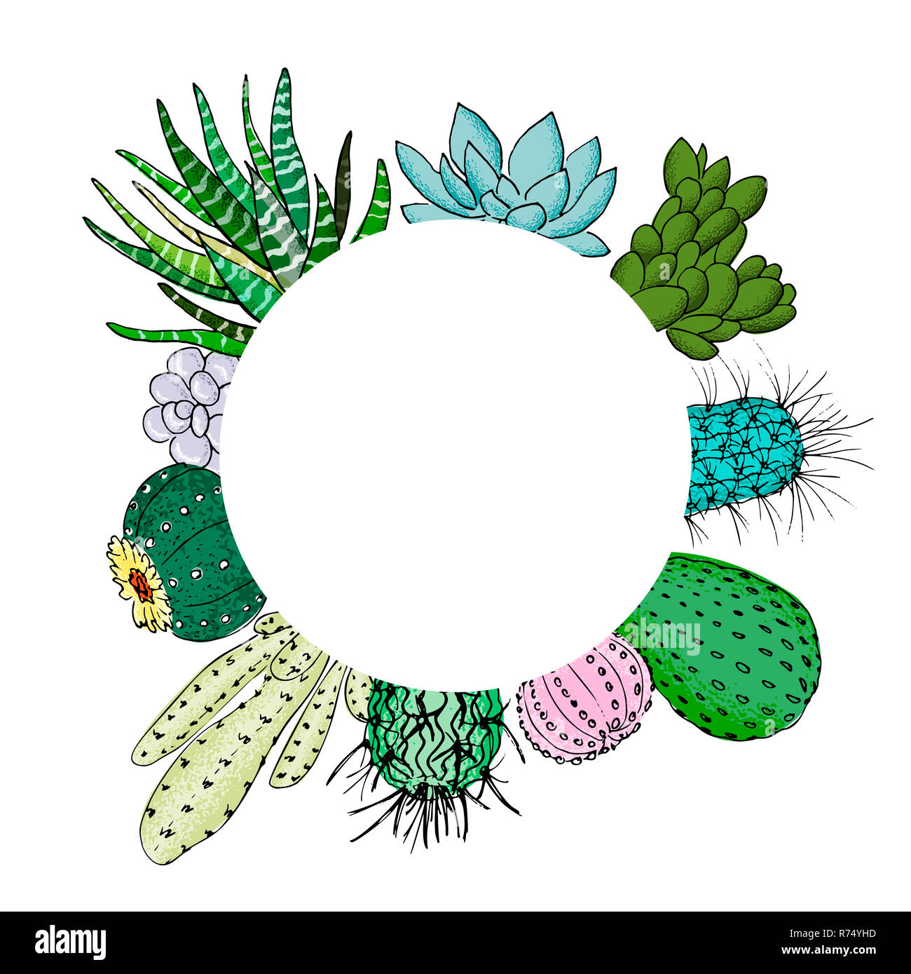 Succulent cactus set in circle artboard. Place for text. agave, aloe ...