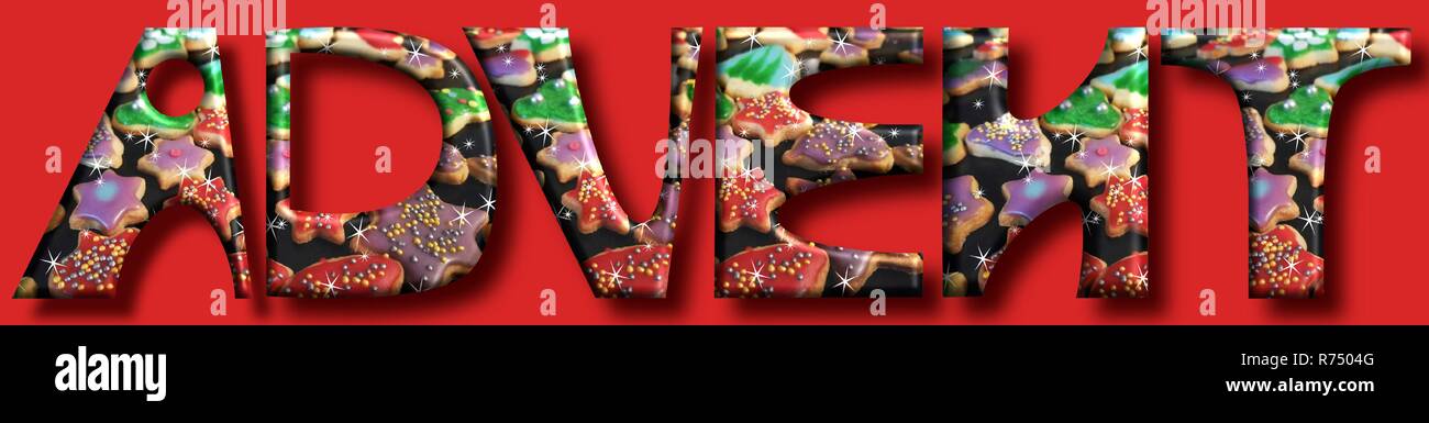 The word advent written by big letters filled with colorful christmas ...