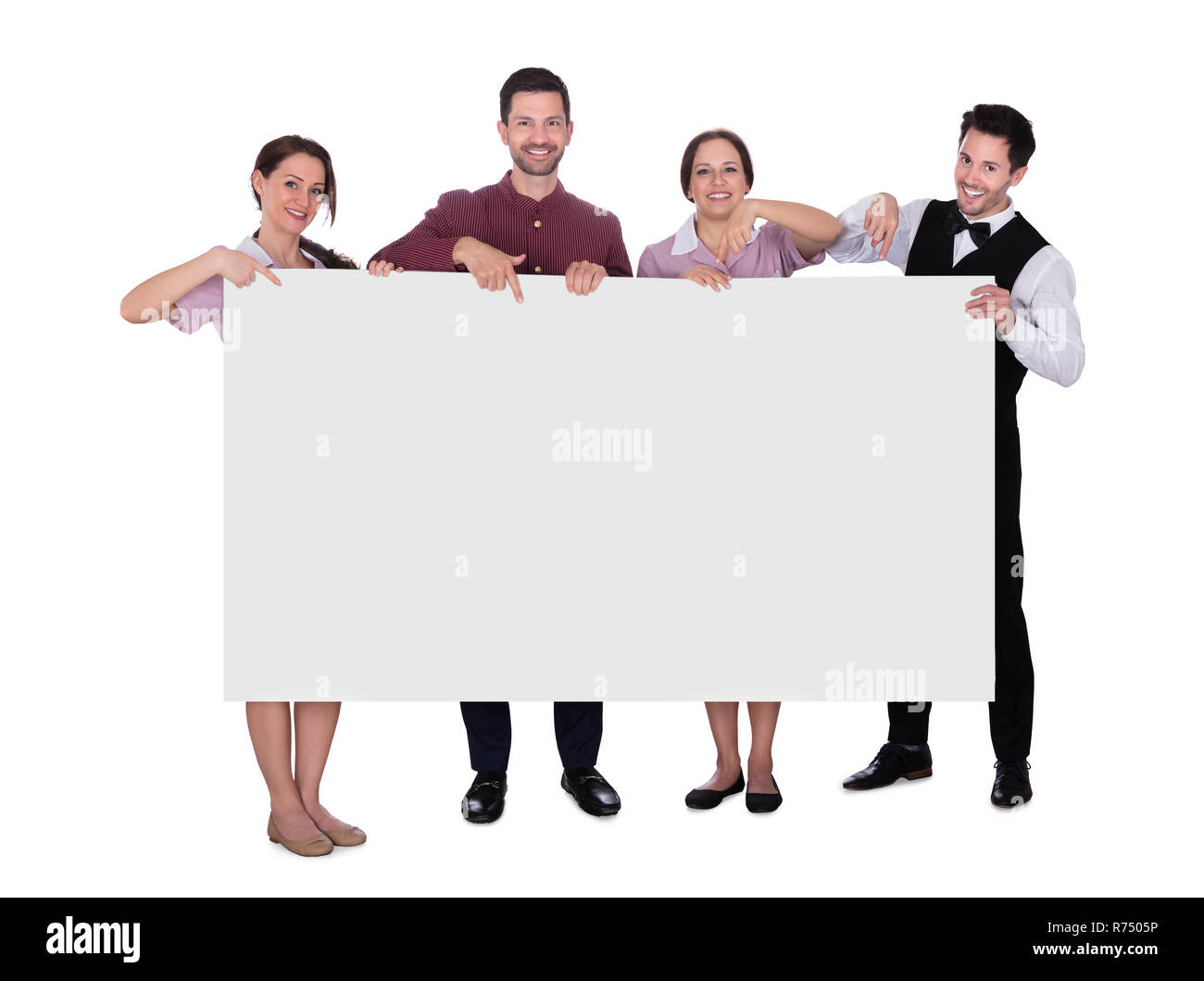 Smiling Staff Holding Billboard Stock Photo - Alamy