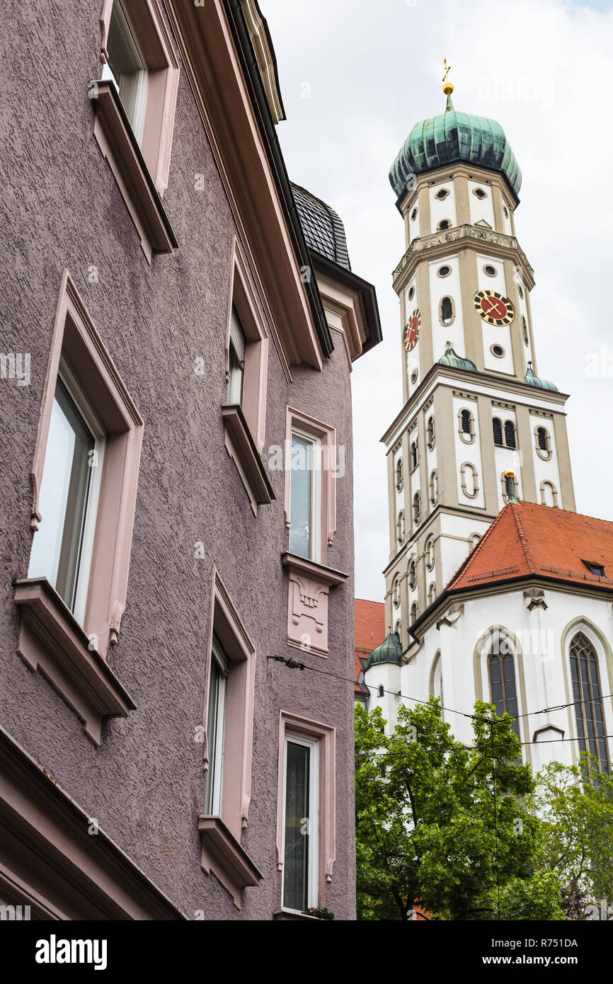 tower of SS Ulrich and Afra Church and urban house Stock Photo - Alamy
