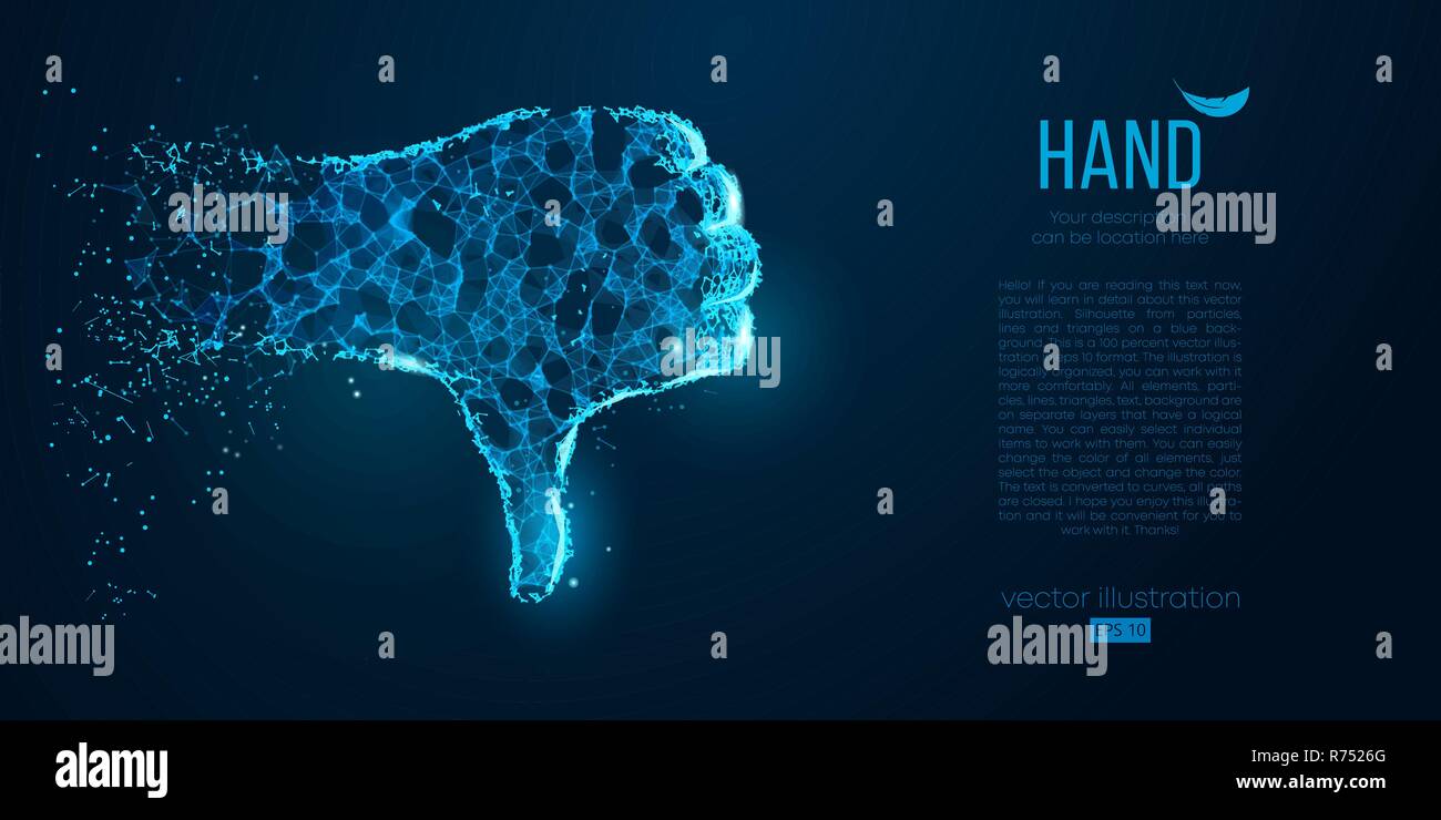 Abstract silhouette of a hand finger down from particles, lines and ...