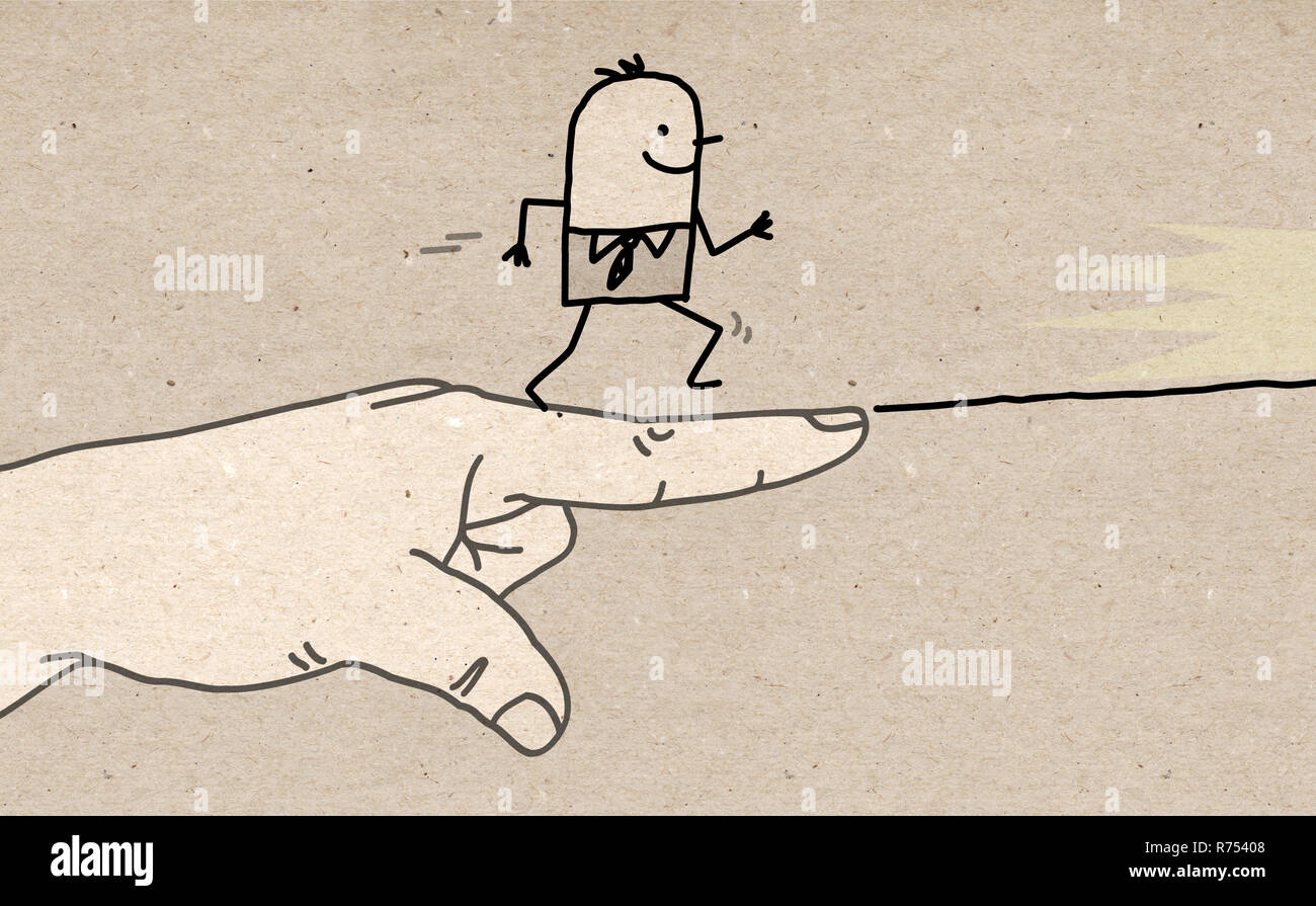 Big Hand with Cartoon Character - Go Sign and Running Man- illustration ...