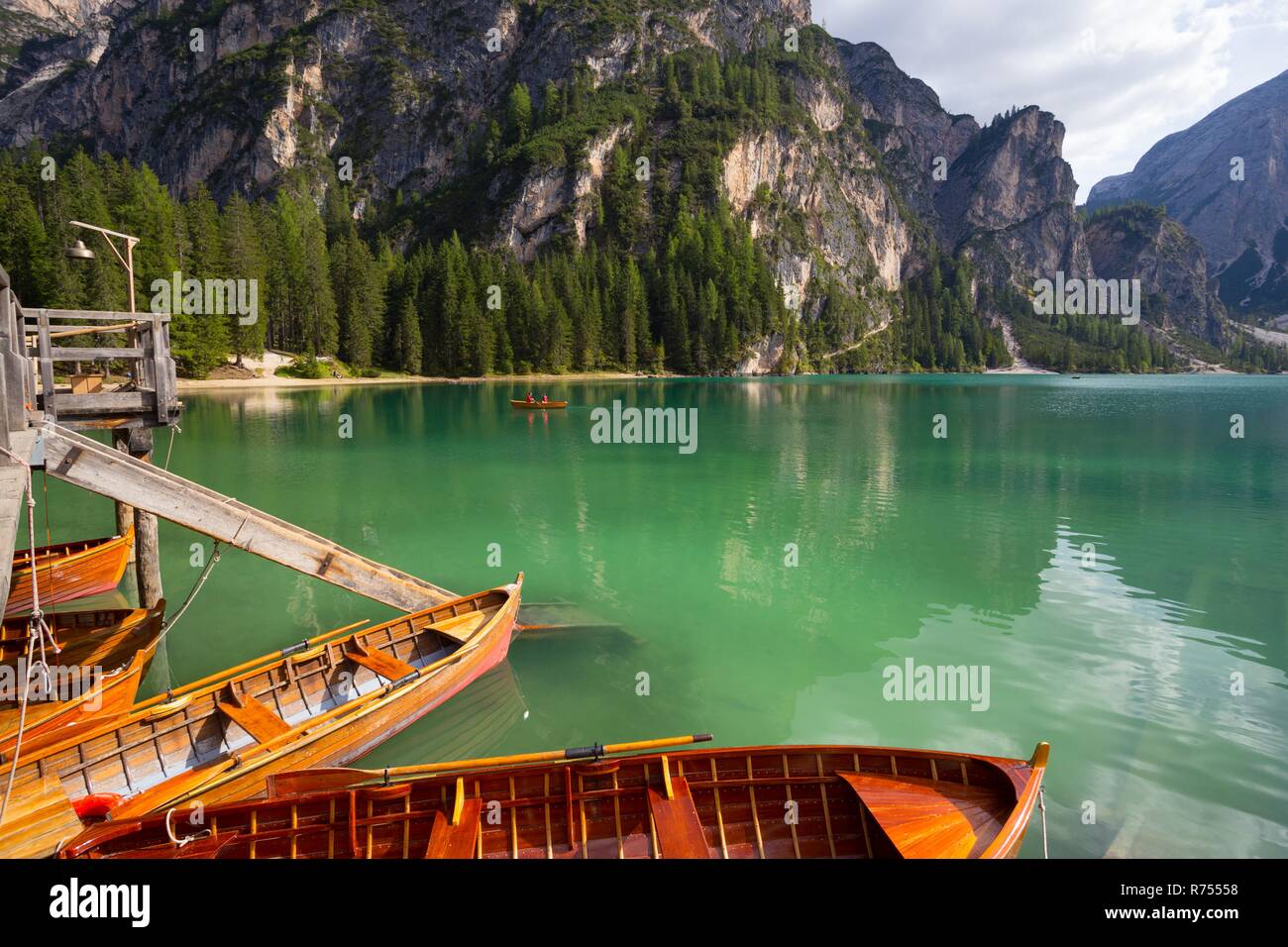 view of well-known tyrolean lake lago di Braies Dolomites Italy Stock ...